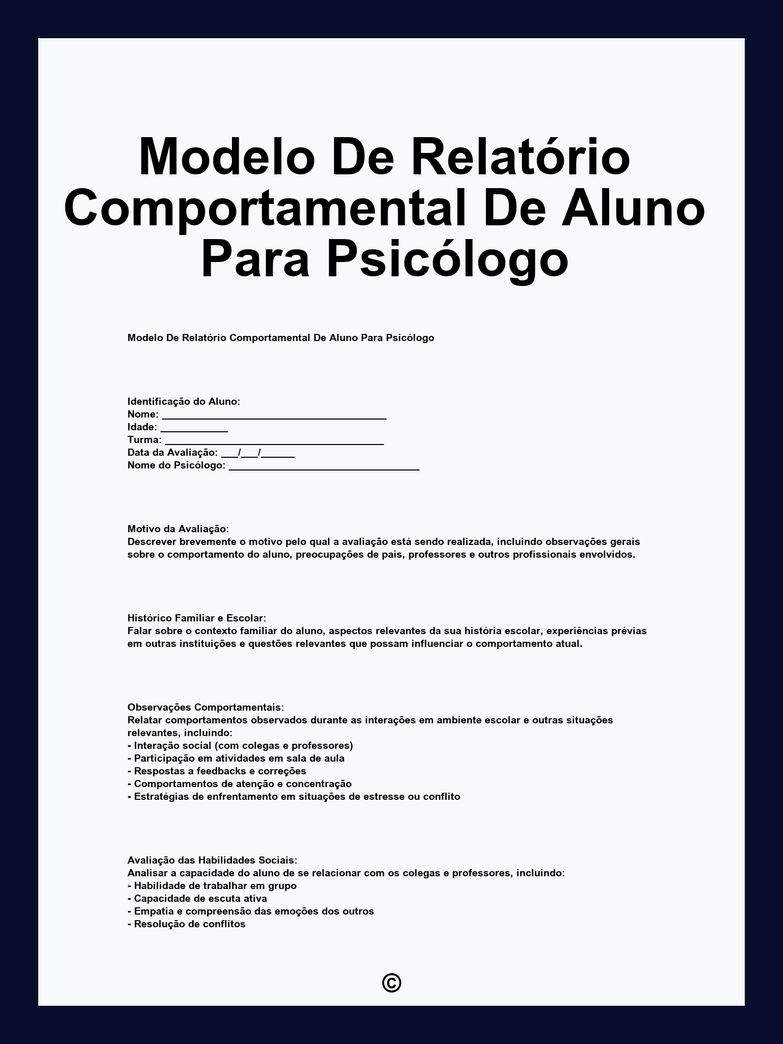 Modelo De Relatório Comportamental De Aluno Para Psicólogo Modelo De Relatório Comportamental De Aluno Para Psicólogo